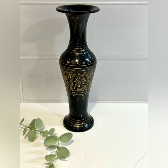 Accents | Vintage Bud Vase Etched Metal Black And Gold Vase With Flowers And Leaves 8 | Poshmark